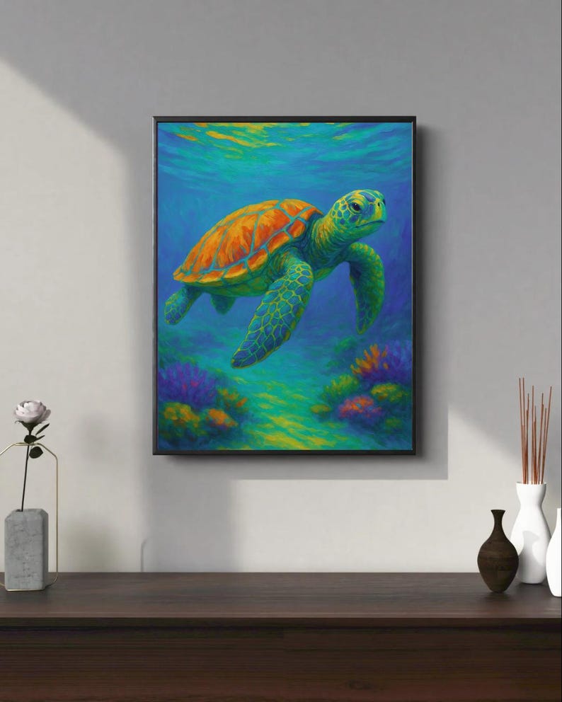 Tranquil Sea Turtle - Vibrant Ocean Art Print - Underwater Wildlife ...