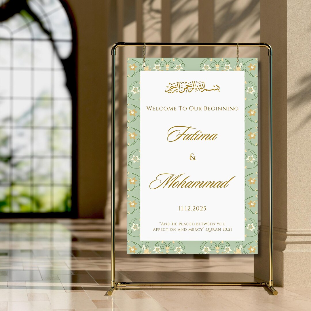 Islamic Nikkah Welcome Sign, Green Floral Nikkah Sign, Wedding Welcome ...