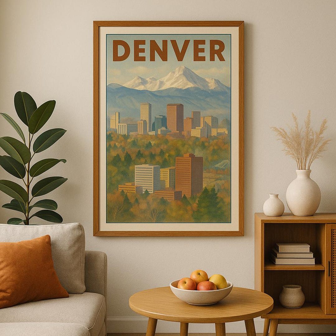 Printable Denver Skyline Wall Art With Mountain Backdrop. Retro Travel ...