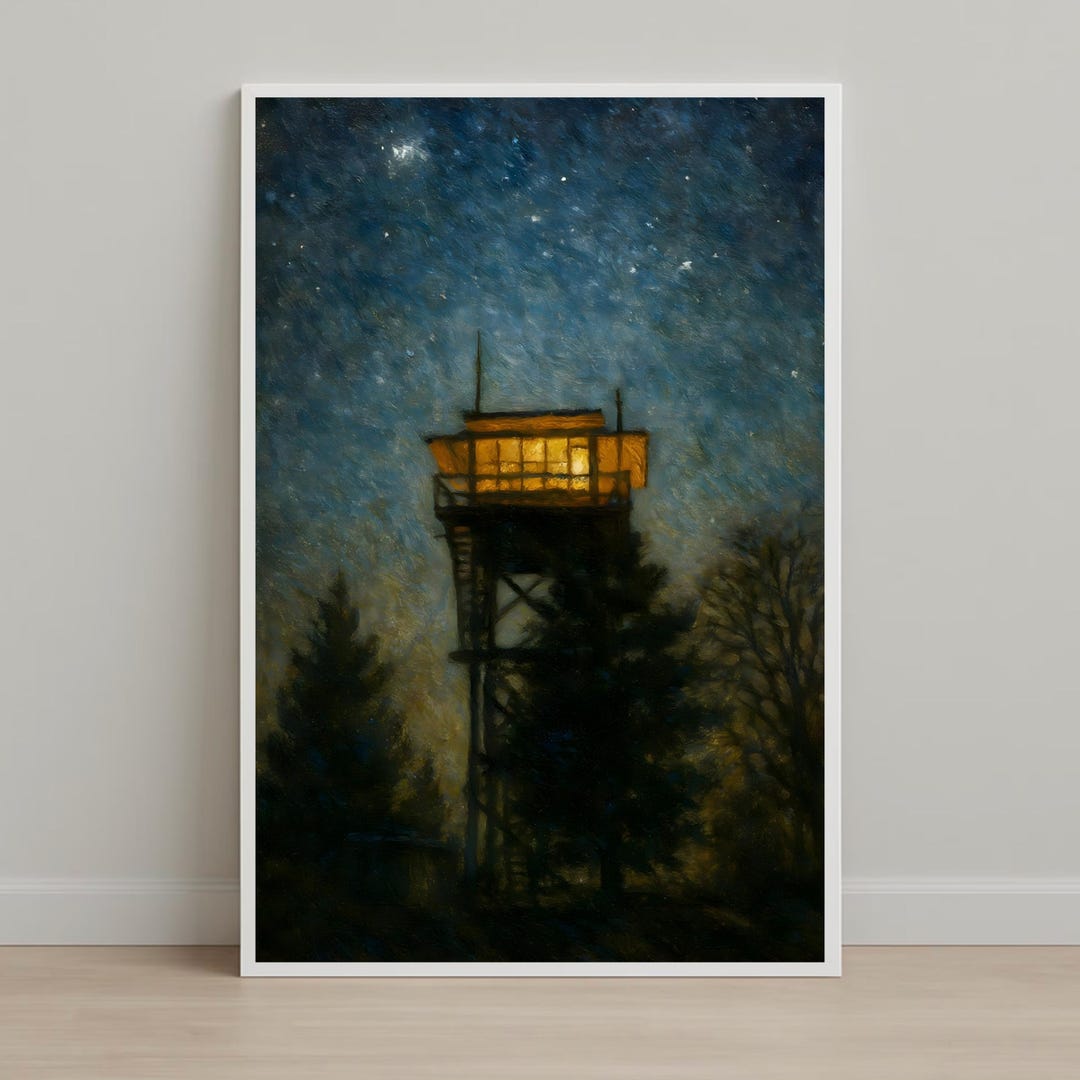 Fire Lookout Tower Poster | Night Forest Landscape Art Print - Etsy