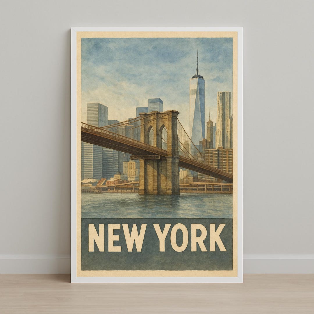 New York City Skyline Digital Print – Vintage Watercolor Wall Art ...