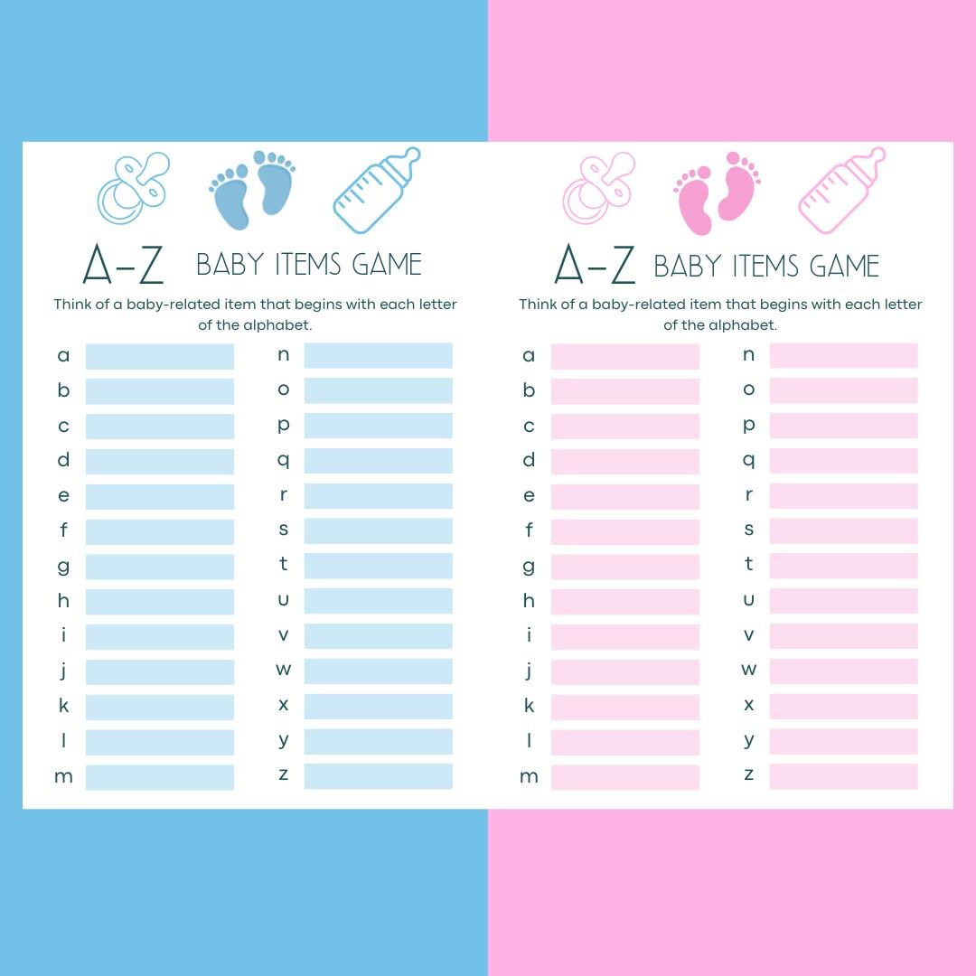 Baby Shower A-Z Baby Items Game PDF Printable Template (boy & Girl ...