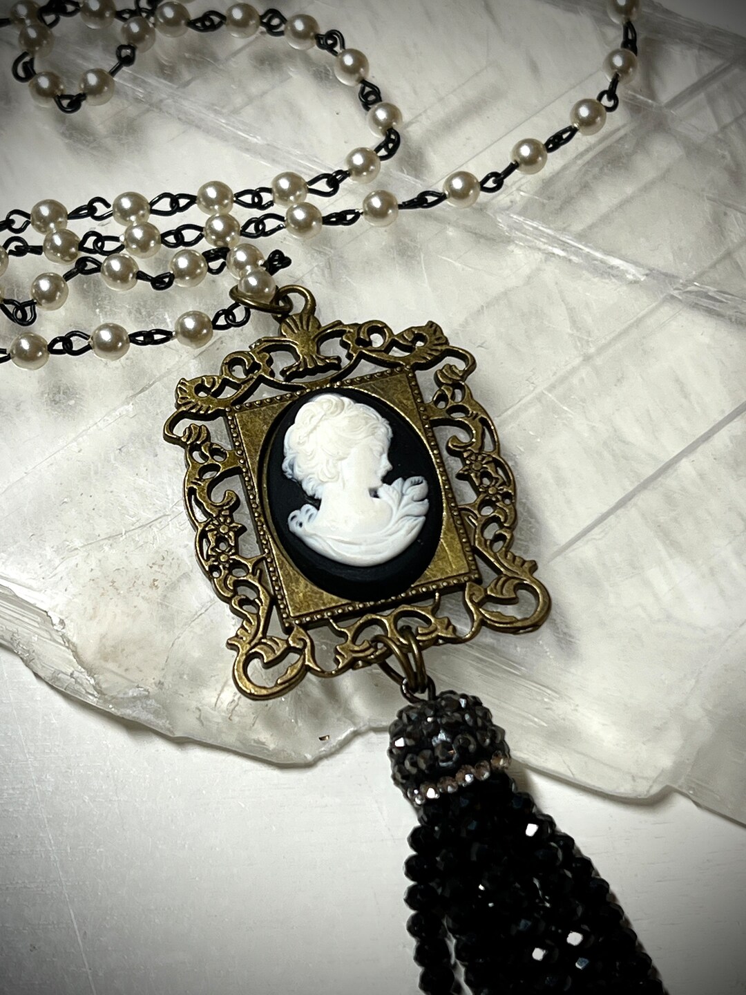 Vintage Style Crystal Cameo Necklace With Ivory Pearl Beaded Rosary Chain and Tassel - Etsy