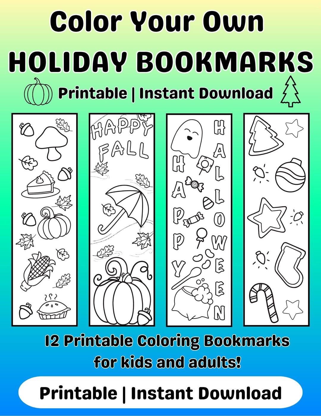 Holiday Coloring Bookmarks: Halloween, Fall, Christmas (PDF Download ...