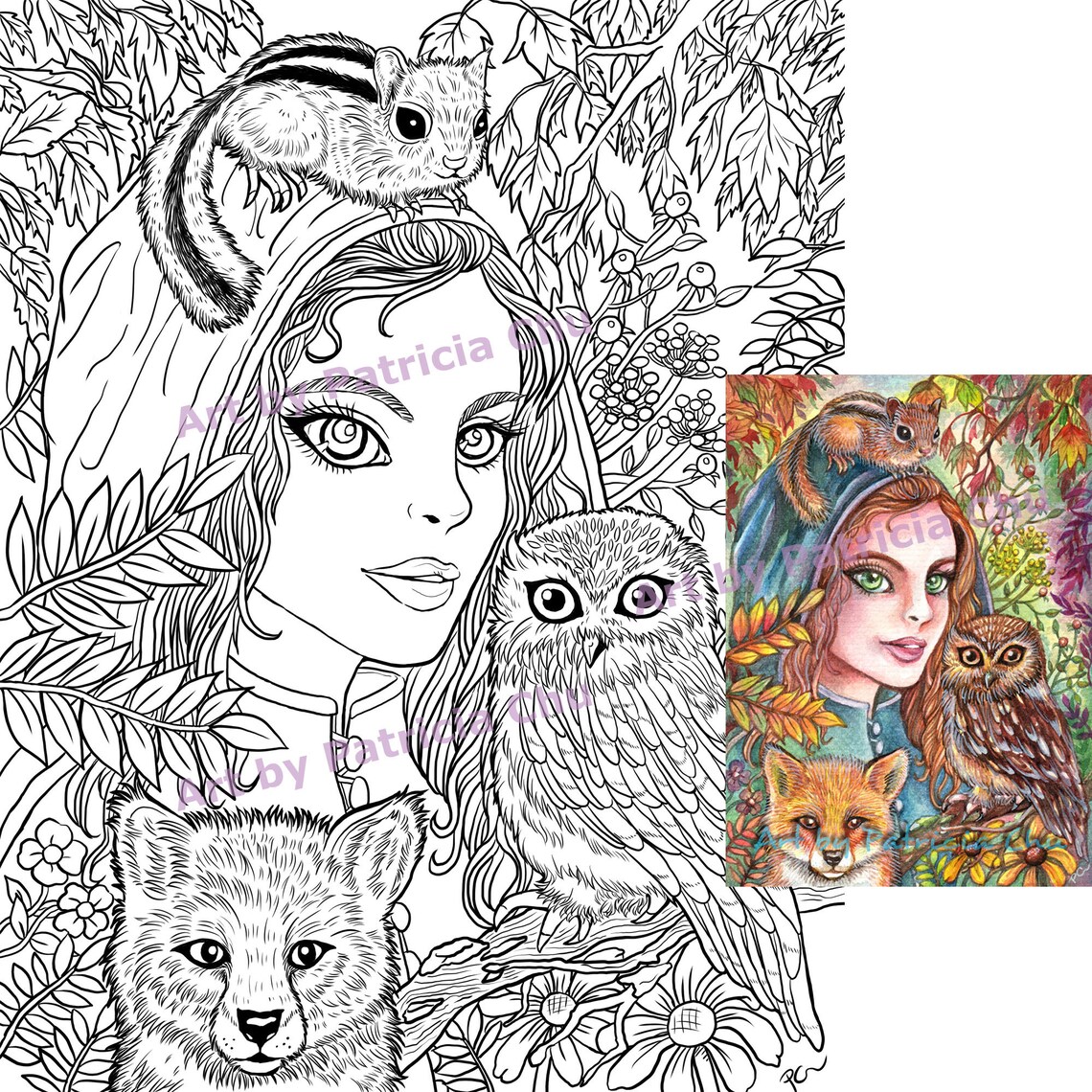 Adult Coloring Page Fantasy Art " Tamer in Autumn Woods " Lovely Animal Lover Lady Owl Fox ...