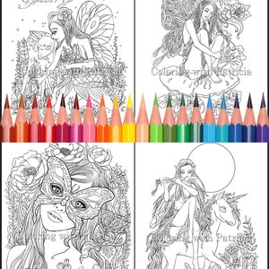 Adult Coloring 12 Pages Value Pack Fantasy Art " A Visit From A Flower ...