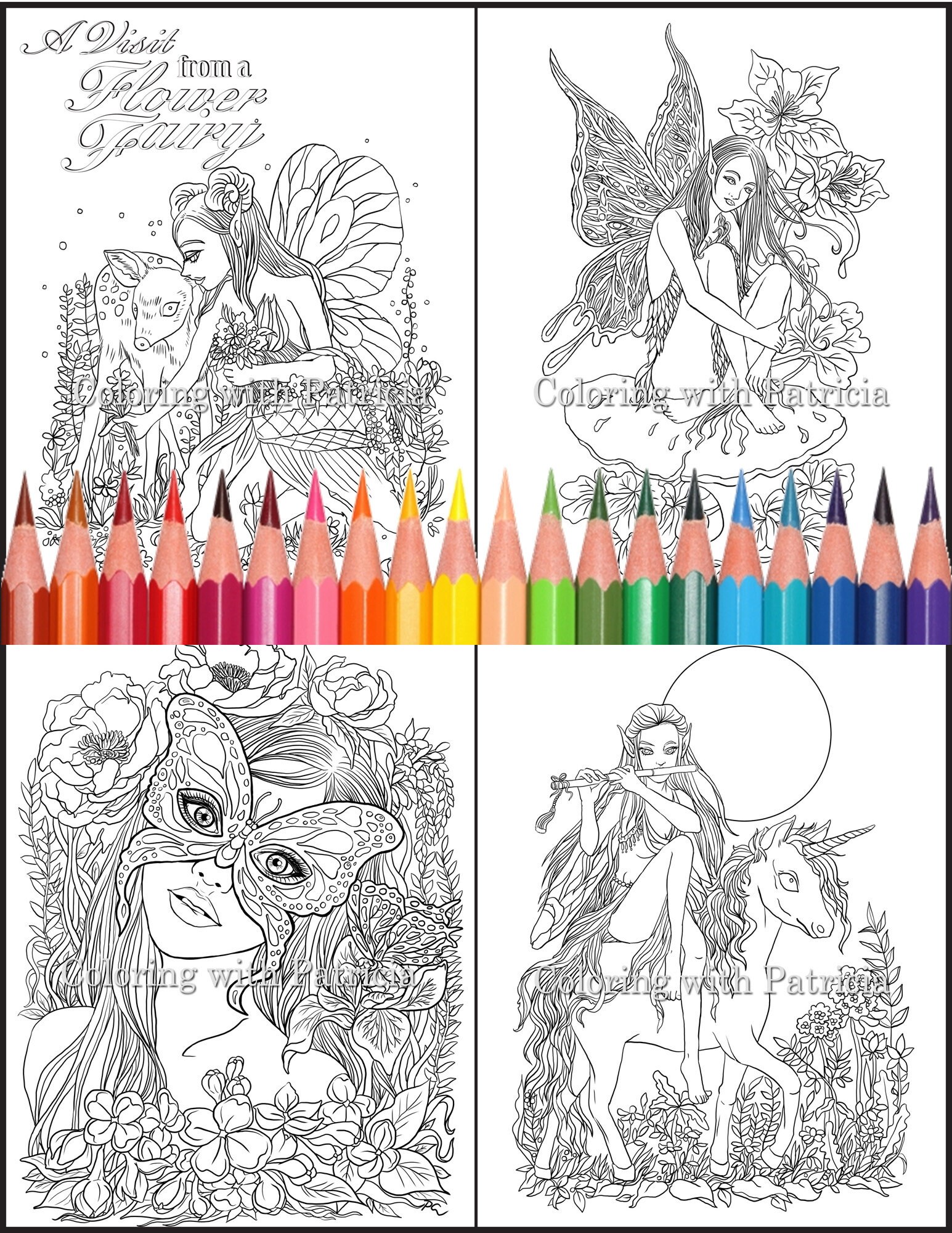 Adult Coloring 12 Pages Value Pack Fantasy Art A Visit From A Flower ...
