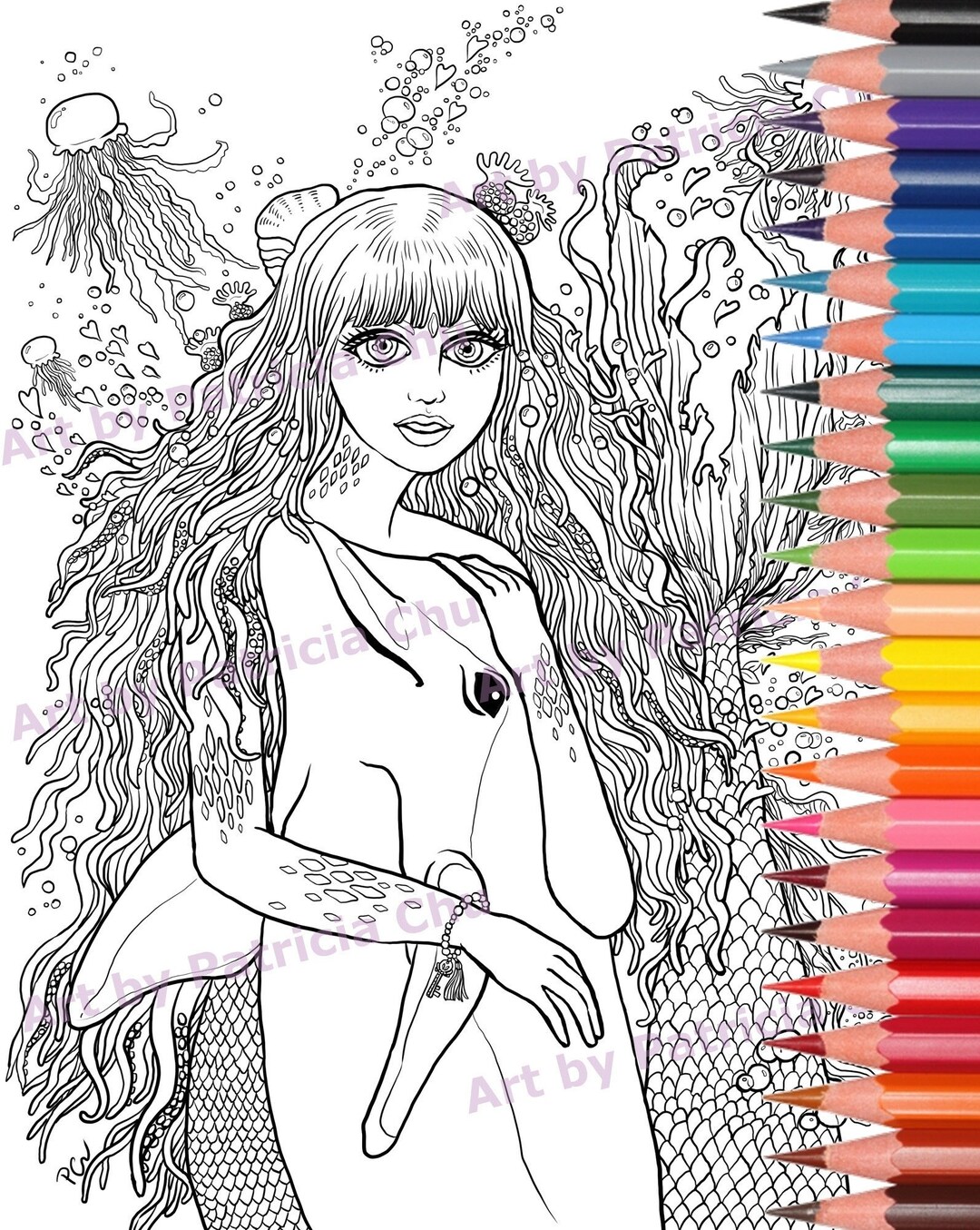 Adult Coloring Page Fantasy Art " Mermaid and Dolphin " Lovely Mermaid ...