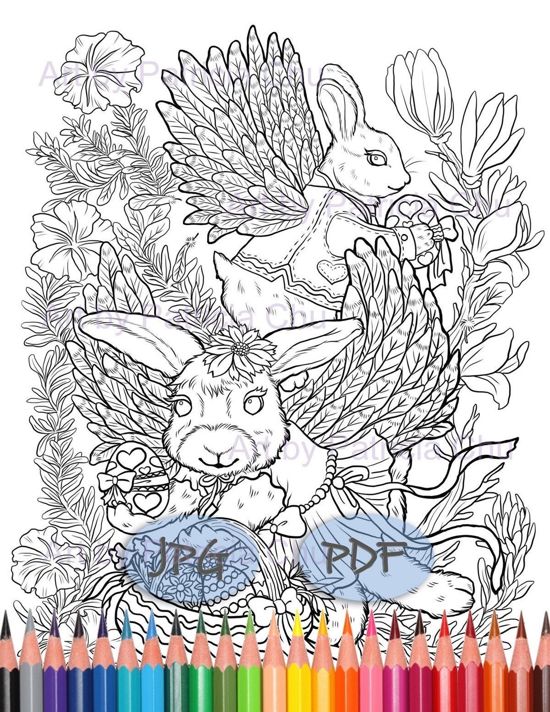 Coloring Page Fantasy Art " Bunny Fairy " Lovely Easter Bunny Wing ...