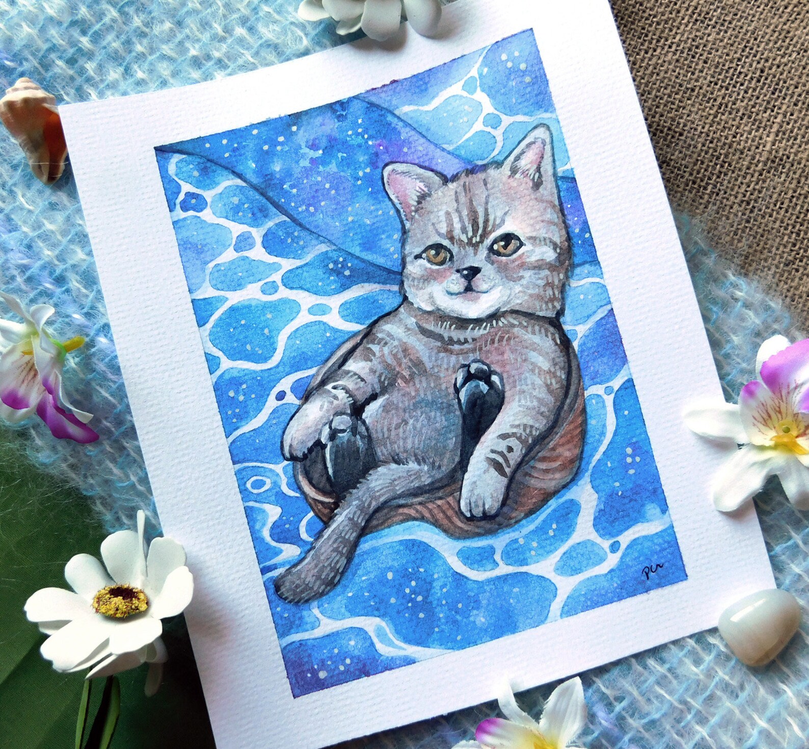Free Floating Original Watercolor Painting 5x7 Inches Fantasy Cat ...