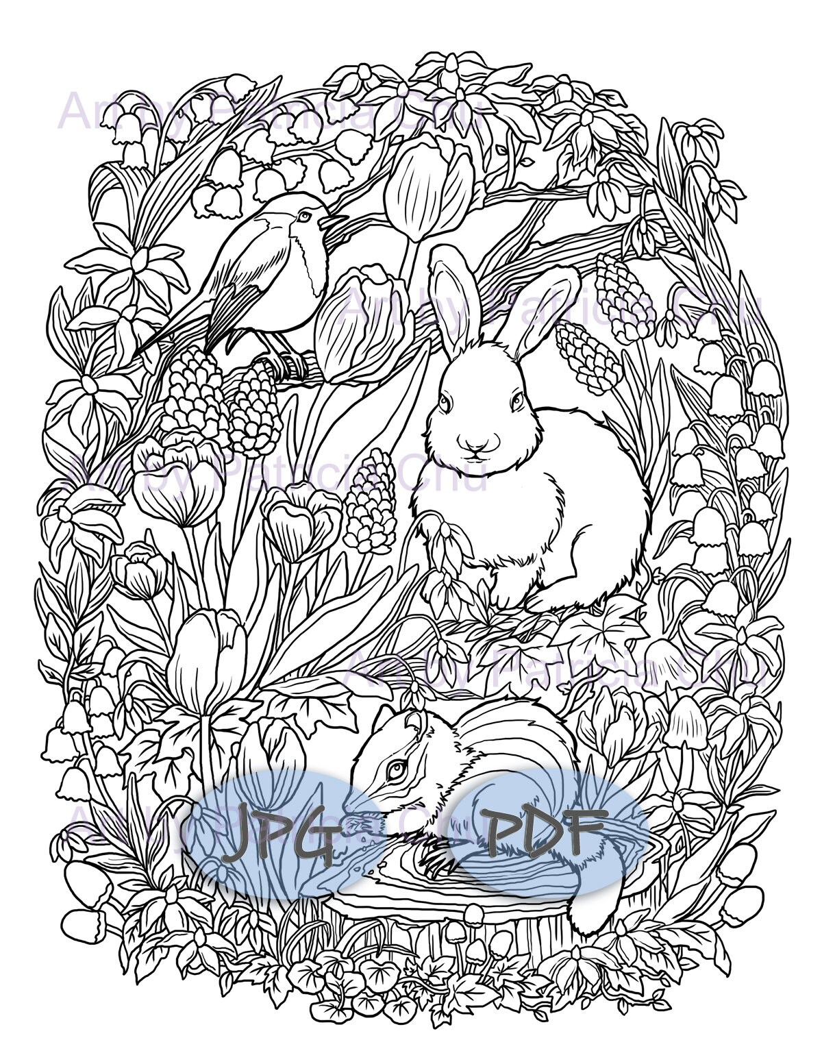 Coloring Page Animal Floral Art Spring is Here Lovely Bunny Robin ...