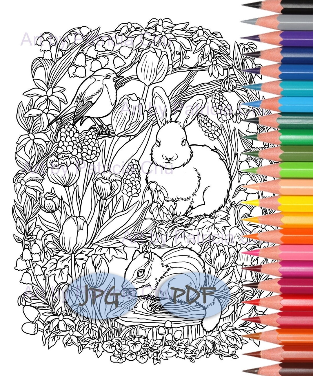 Coloring Page Animal Floral Art " Spring is Here " Lovely Bunny Robin ...
