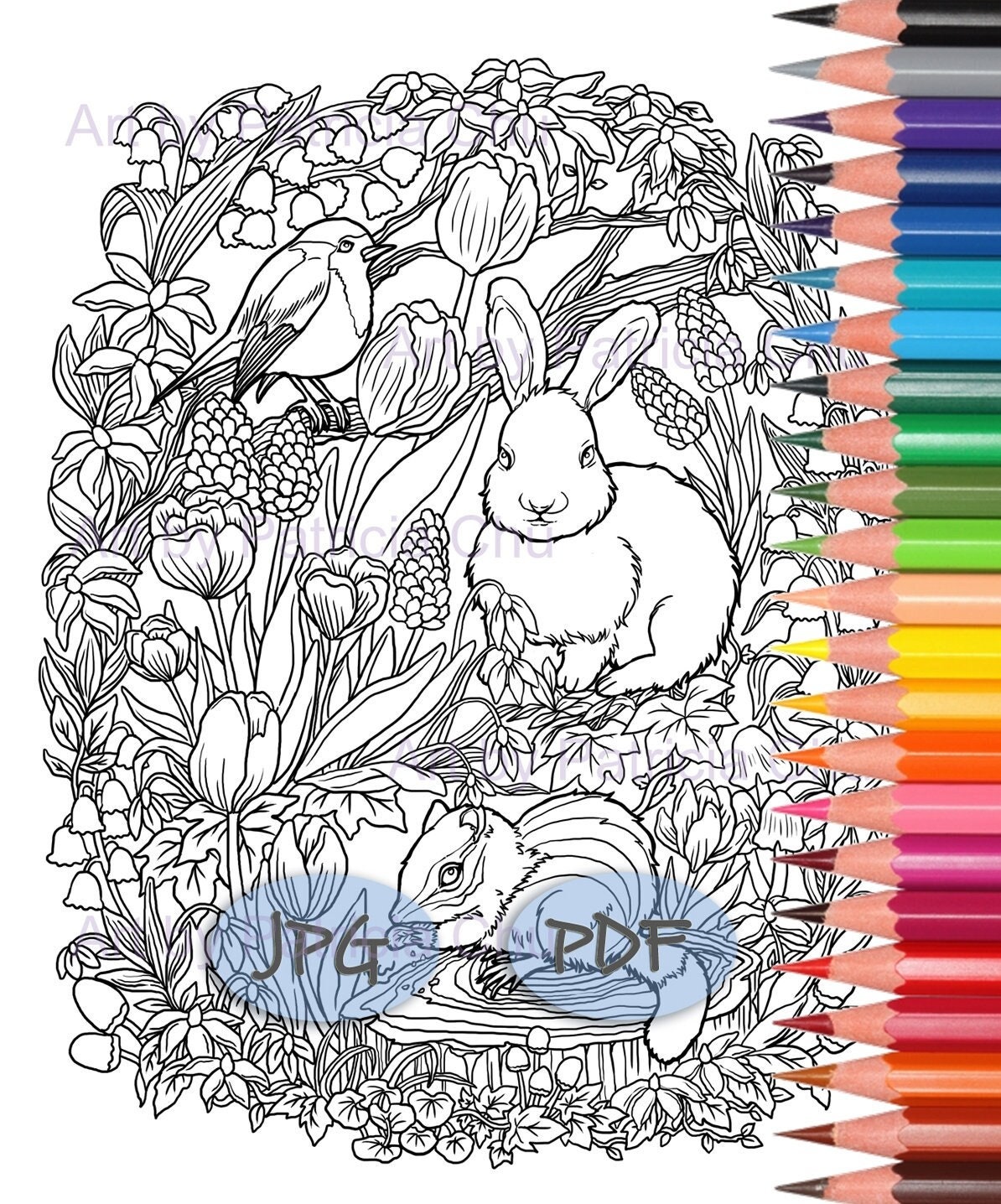 Coloring Page Animal Floral Art Spring is Here Lovely Bunny Robin ...