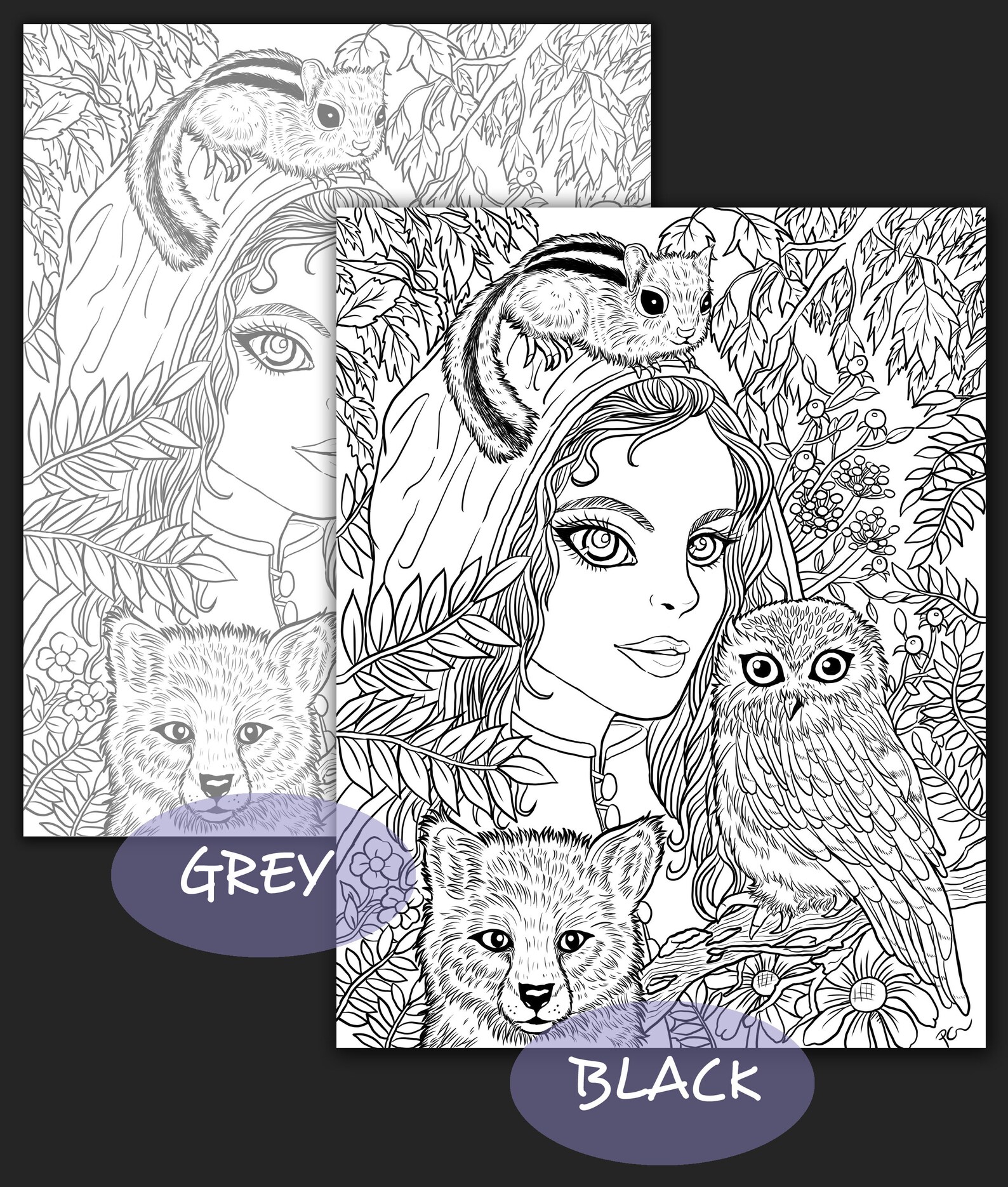 Adult Coloring Page Fantasy Art " Tamer in Autumn Woods " Lovely Animal Lover Lady Owl Fox ...