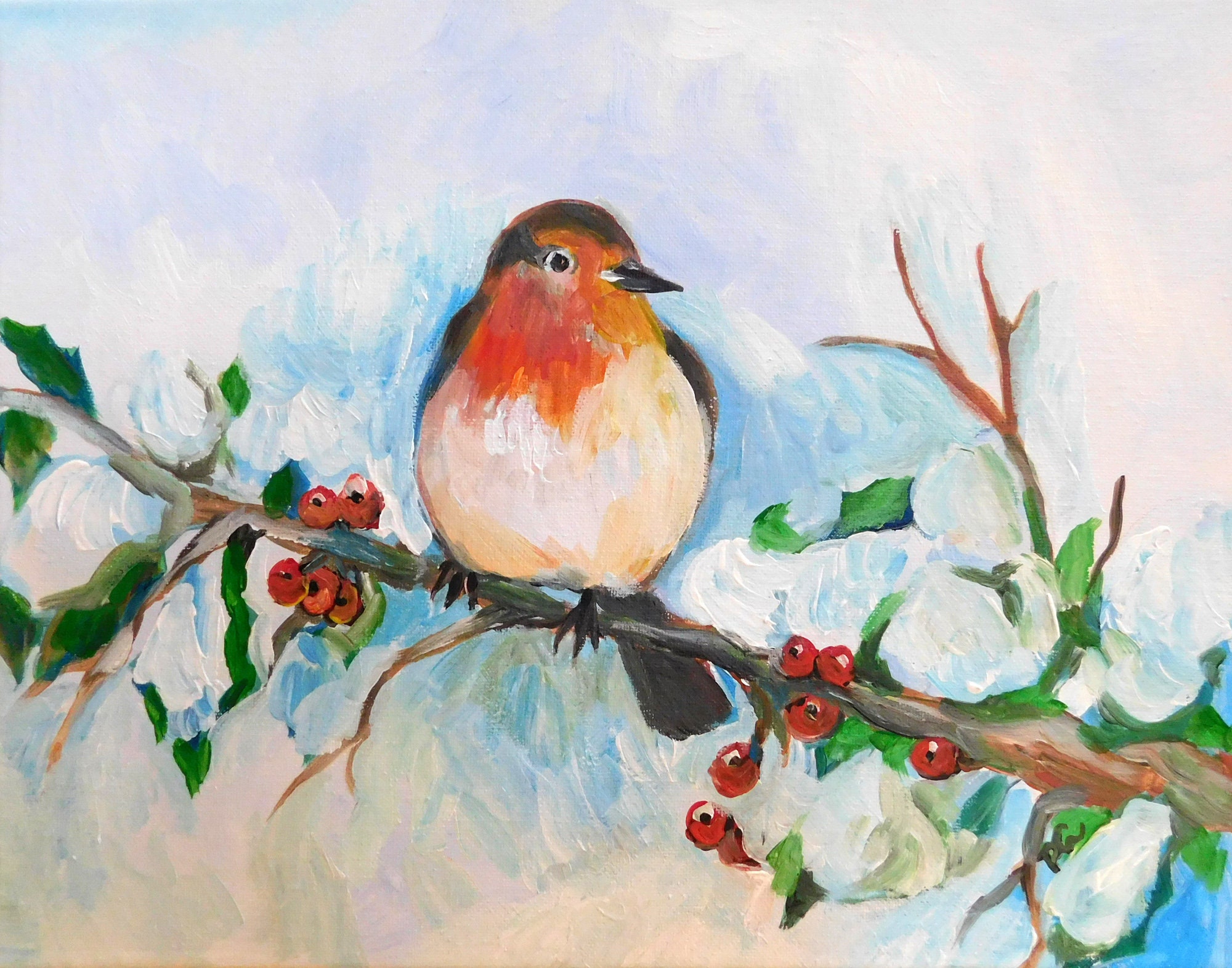 LITTLE ROBIN 14x11 Inches Original Acrylic Painting BIRD Animal Nature ...