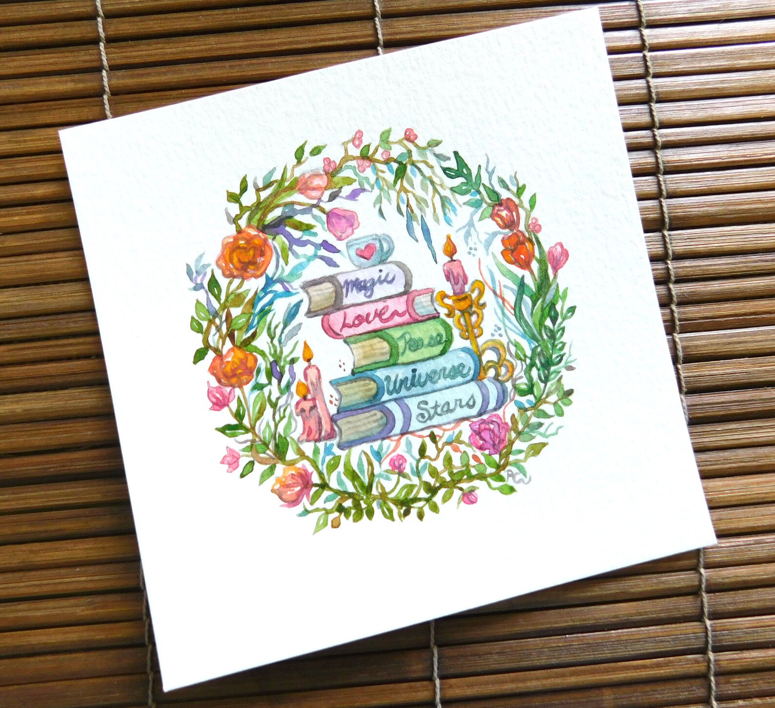 Original Painting Stack of Books Watercolor Fantasy Magic Floral Wreath ...