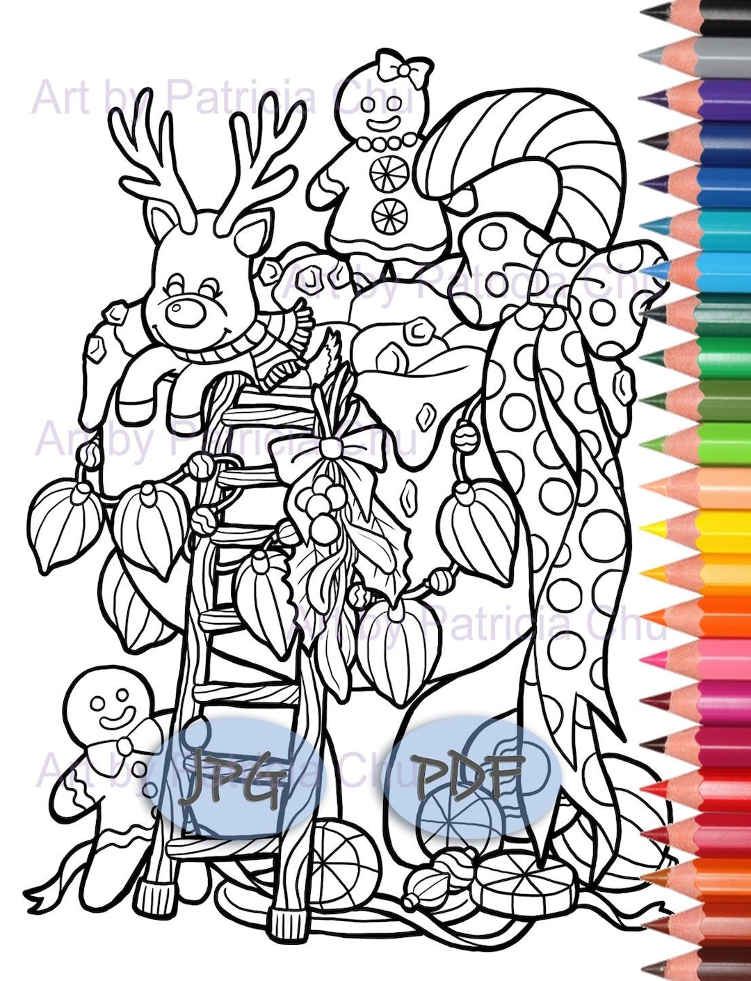 Coloring Page Christmas Theme Art " Ginger Bread Cup " Reindeer Candy ...