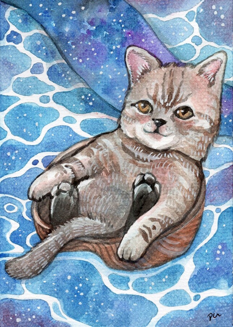 Free Floating Original Watercolor Painting 5x7 Inches Fantasy Cat ...
