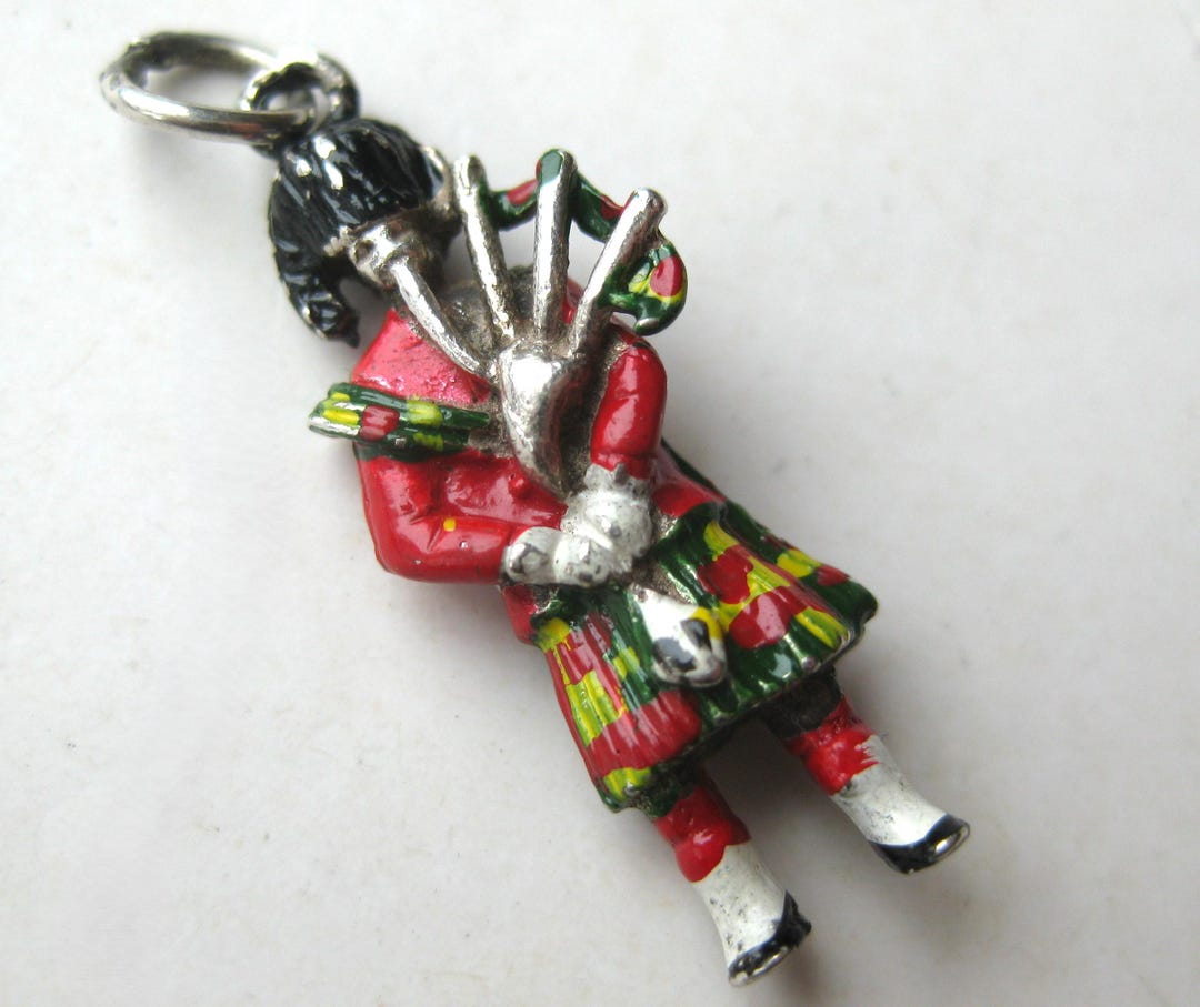 Vintage Charm Scotland Sterling Silver Enamel Bagpipe Player Souvenir ...