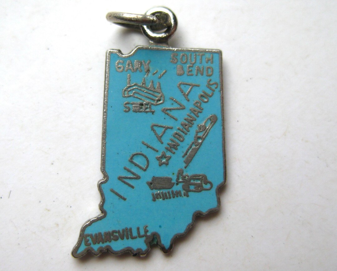 Vintage 50s Charm Indiana State Map Sterling Silver Enamel Souvenir ...