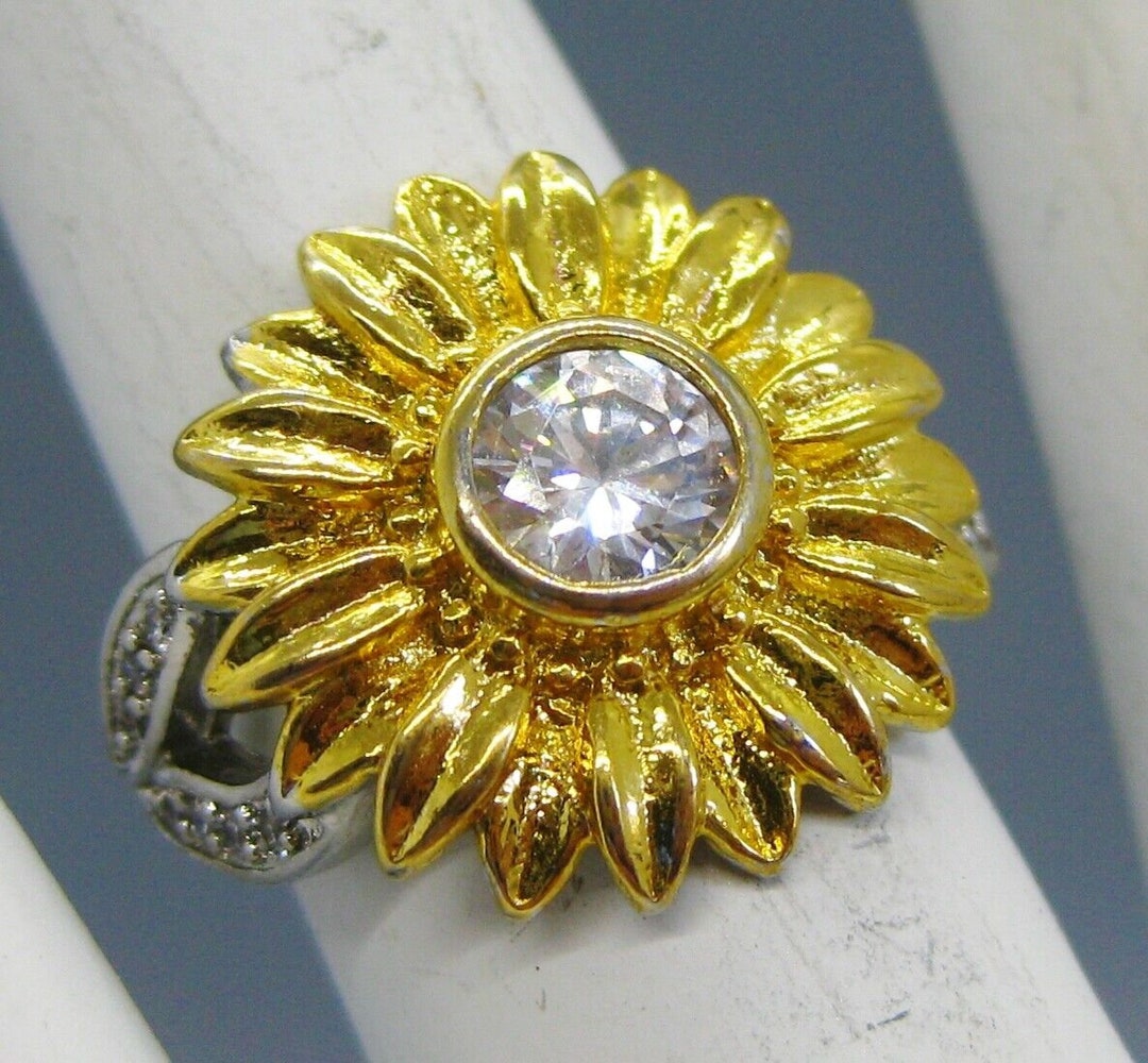 Vintage Sterling Silver Gold Sunflower CZ Jeweled Statement Ring Size 5 ...