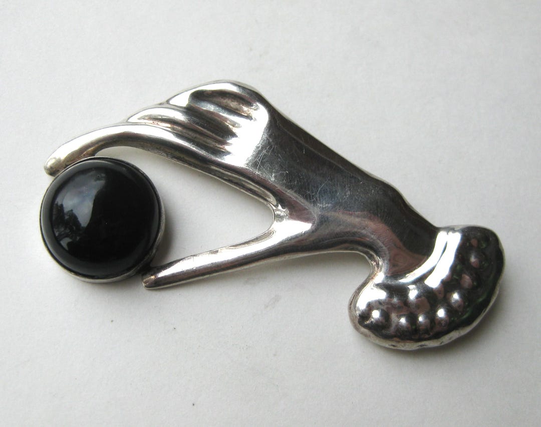 Vintage Taxco Mexican Sterling Silver Ladies Hand Onyx Novelty Brooch ...
