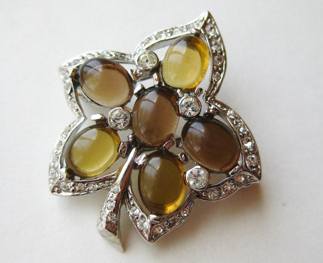 Vintage Nina Ricci Amber Jelly Belly Rhinestone Jeweled Leaf Brooch Pin ...
