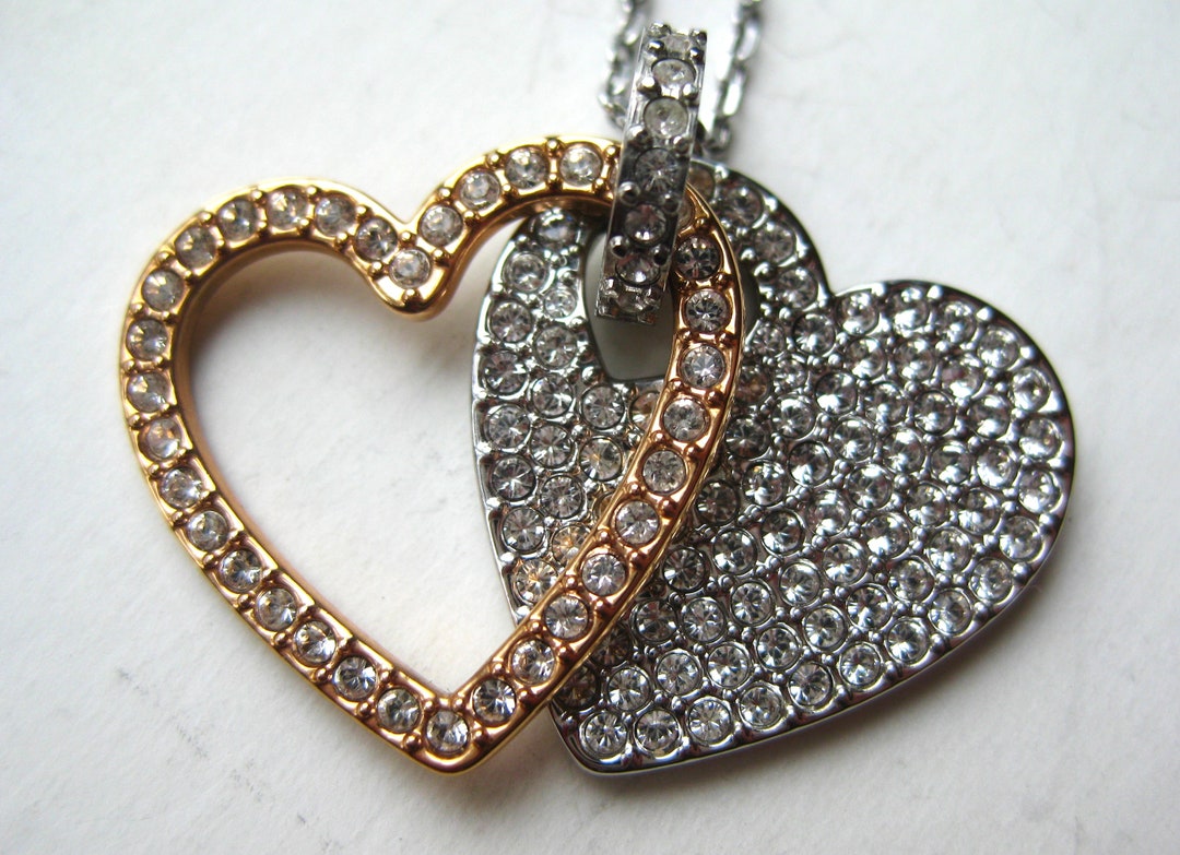 Vintage Swarovski Amorous Crystal Double Heart Necklace Pendant Swan ...