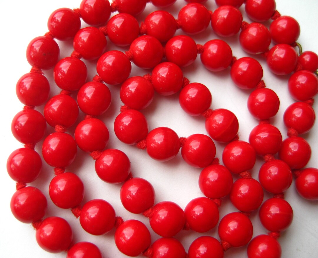 Vintage Cherry Red Czech 8mm Glass Bead 26" Long Beaded Necklace - Etsy