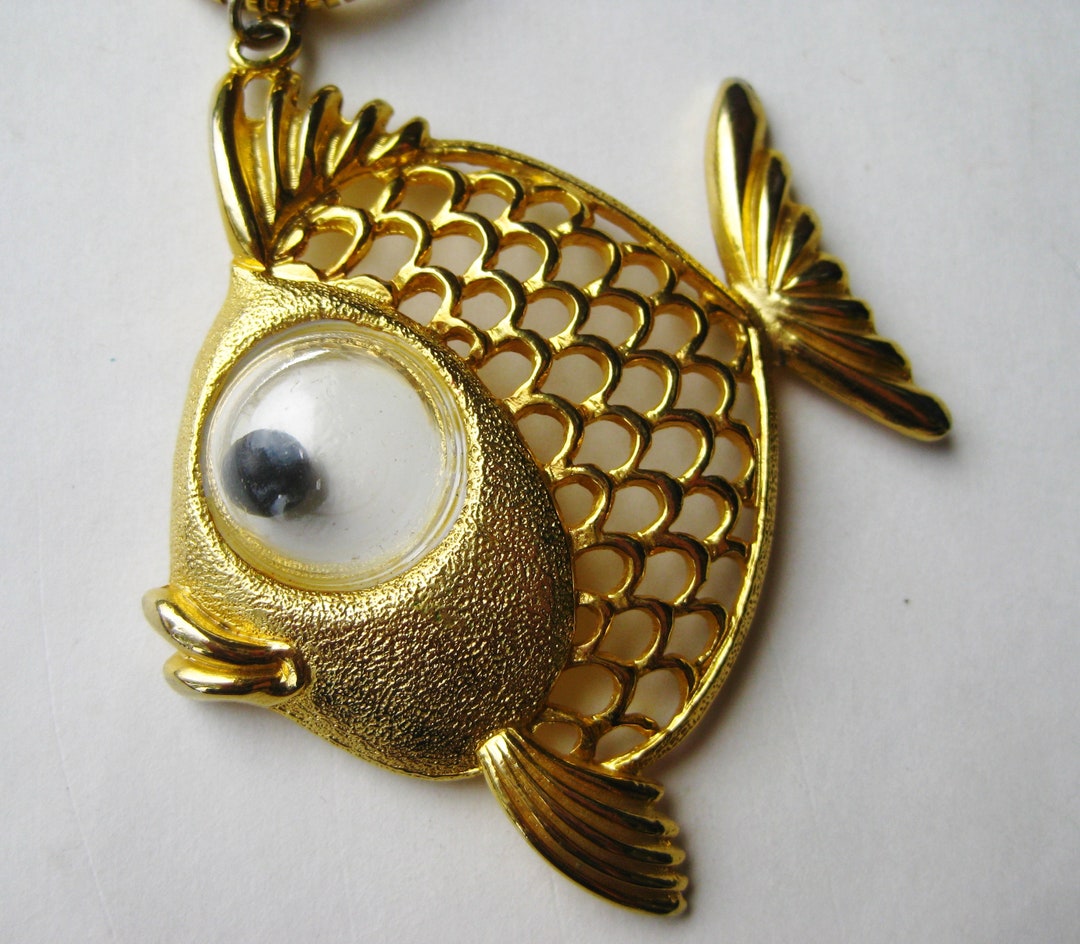 Vintage 60s Gold Googly Eye Fish Novelty Pendant Necklace Costume ...