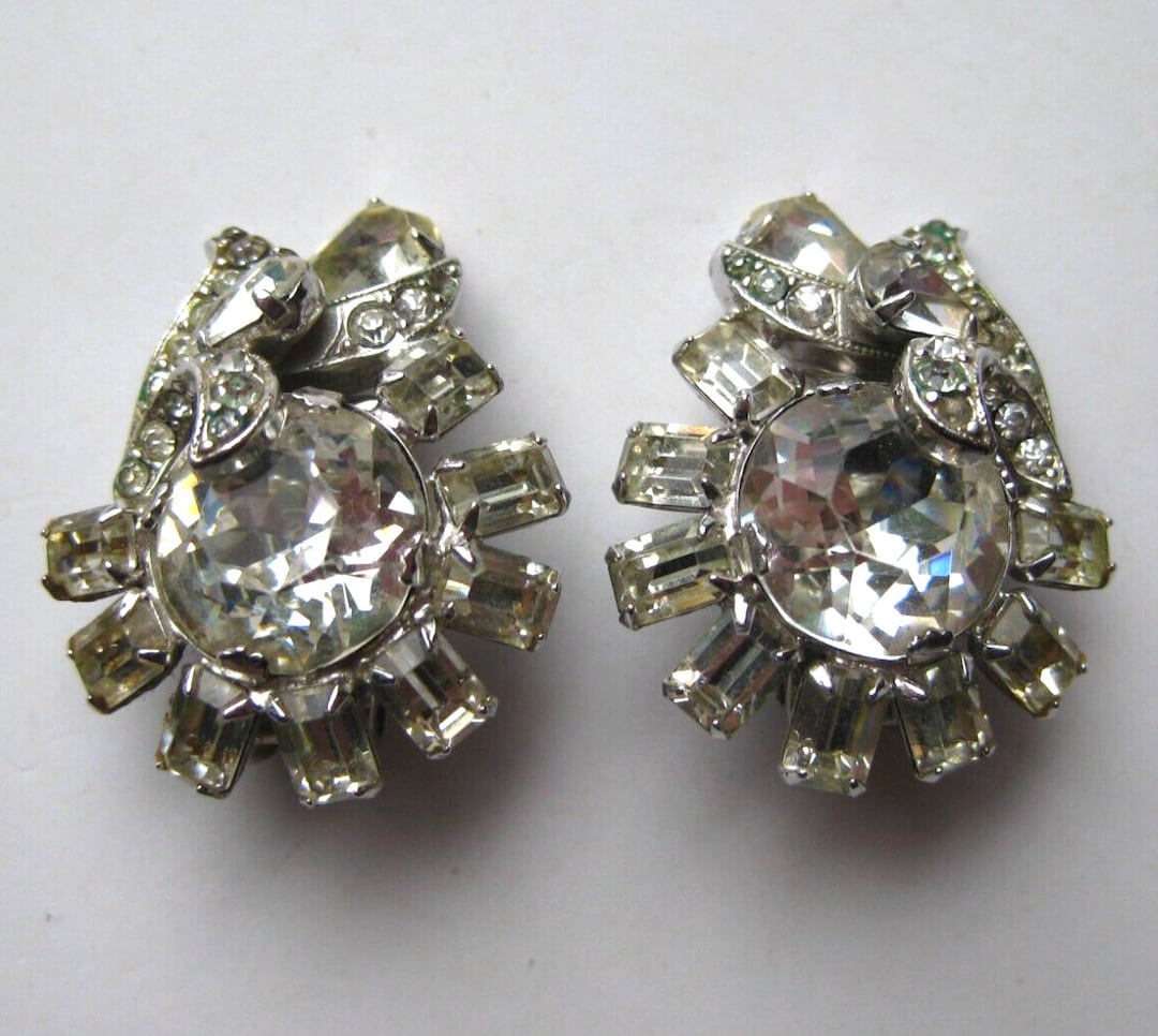 Vintage Eisenberg Ice Jeweled Silver Rhinestone Clip on Earrings - Etsy