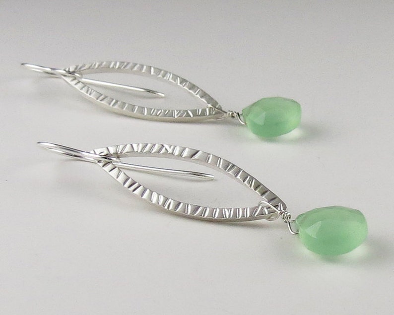 Silver Textured Leaf-shaped Earrings With Green Chalcedony Briolettes ...