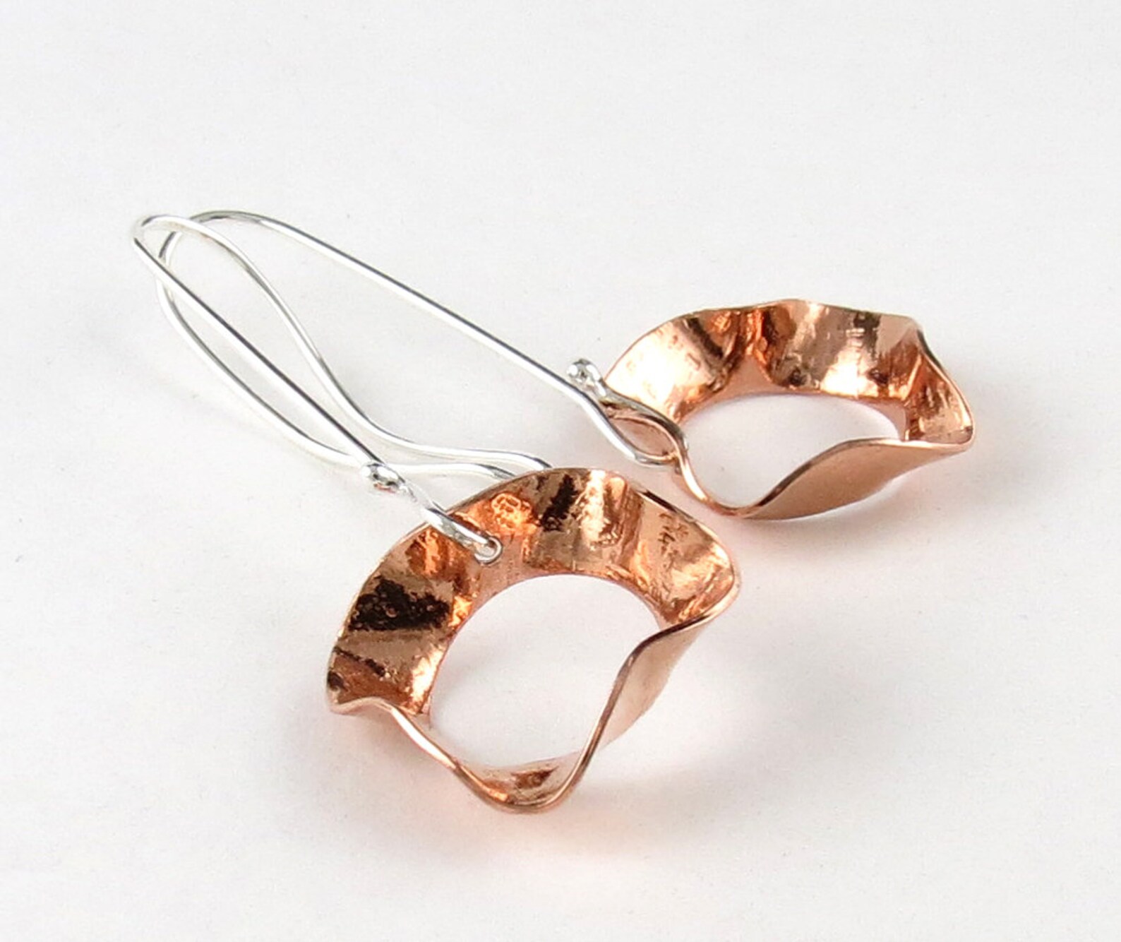 Wavy Copper Circle Earrings With Sterling Silver Ear Wires | Etsy
