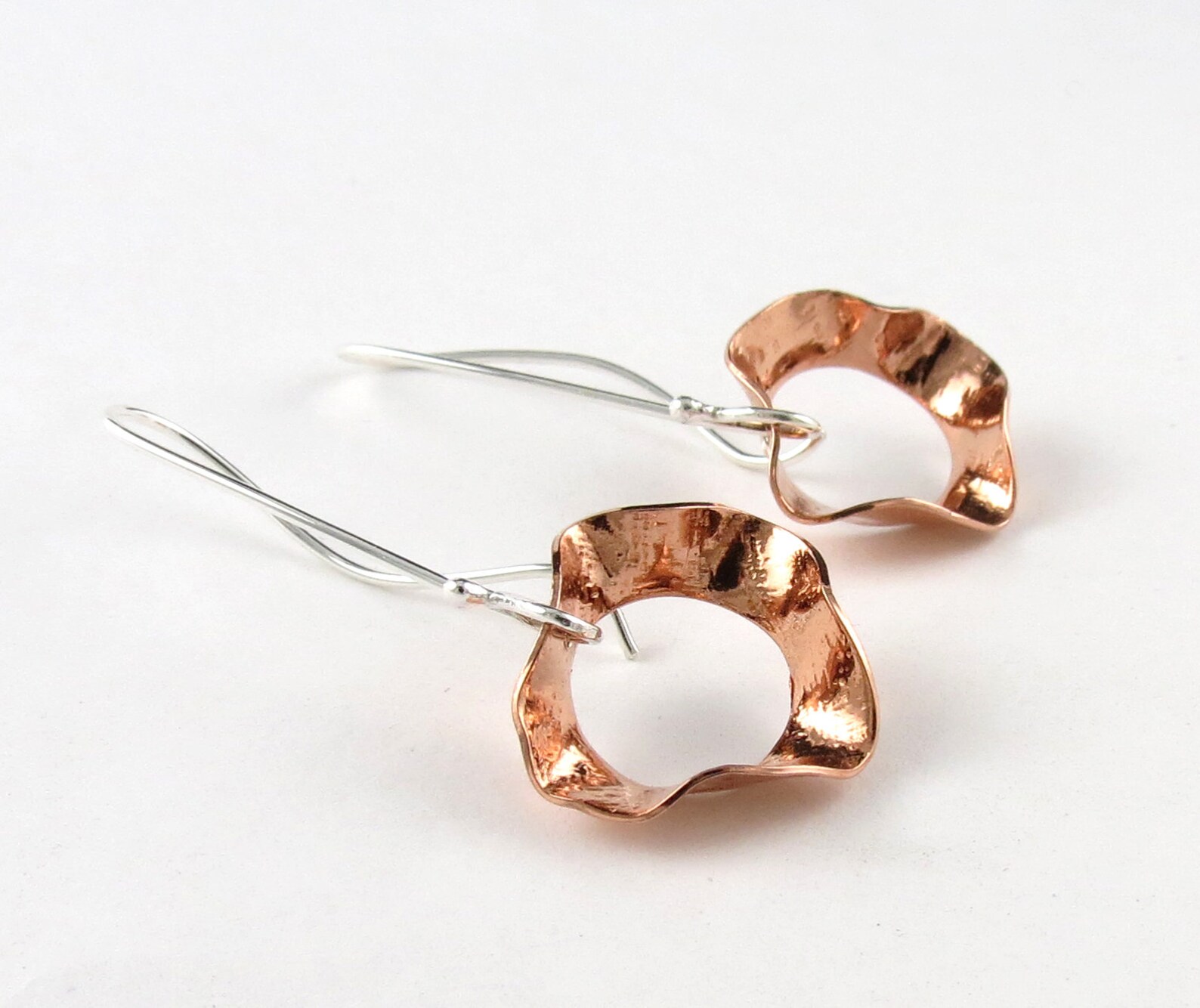Wavy Copper Circle Earrings With Sterling Silver Ear Wires - Etsy