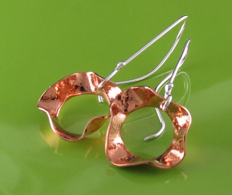 Wavy Copper Circle Earrings With Sterling Silver Ear Wires | Etsy