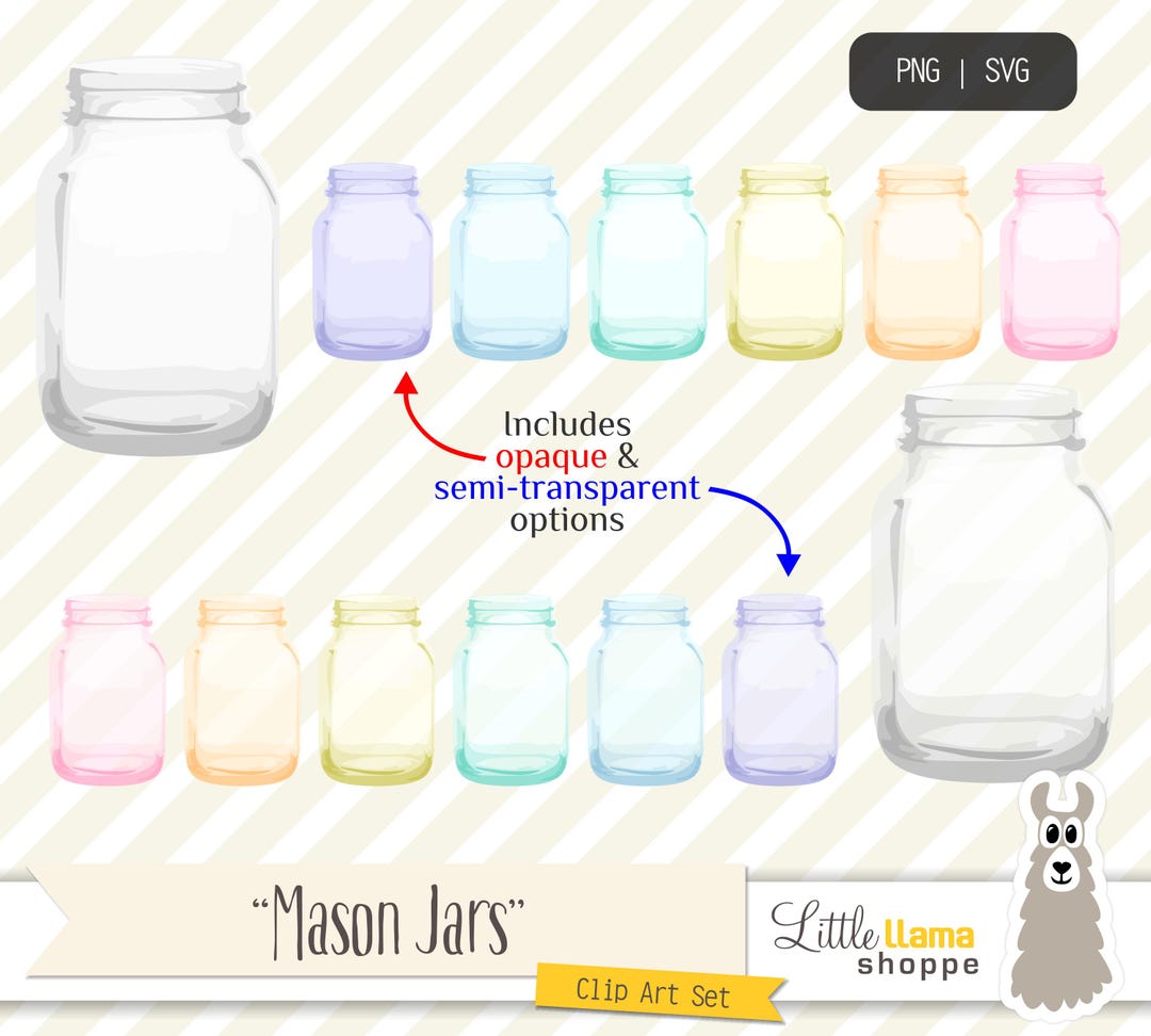 Mason Jar Clipart Set, Colored Glass Jar PNG SVG Bundle, Opaque ...