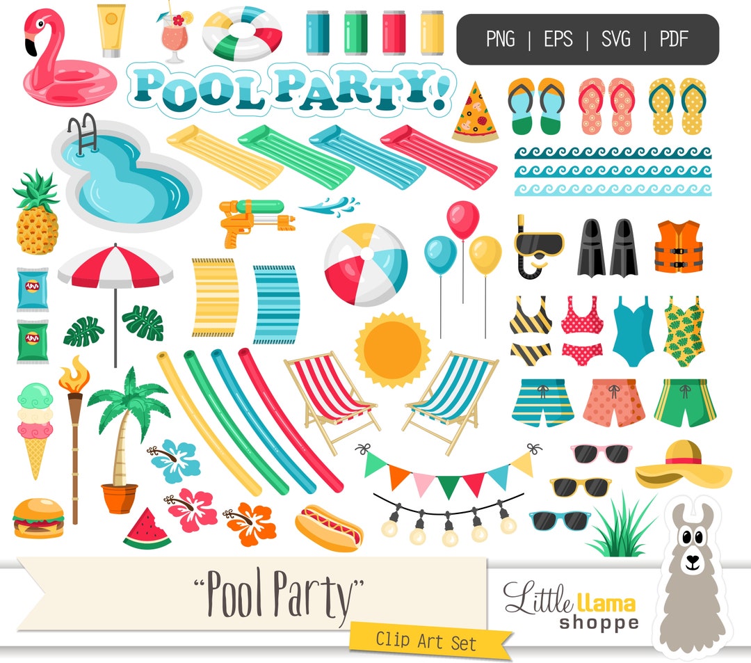 Pool Party Clipart, Swimming Clip Art, Backyard Party, Patio, SVG PNG ...