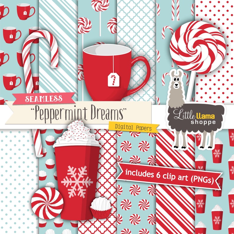 Peppermint Christmas Digital Paper & Clipart: Seamless Candy Cane ...