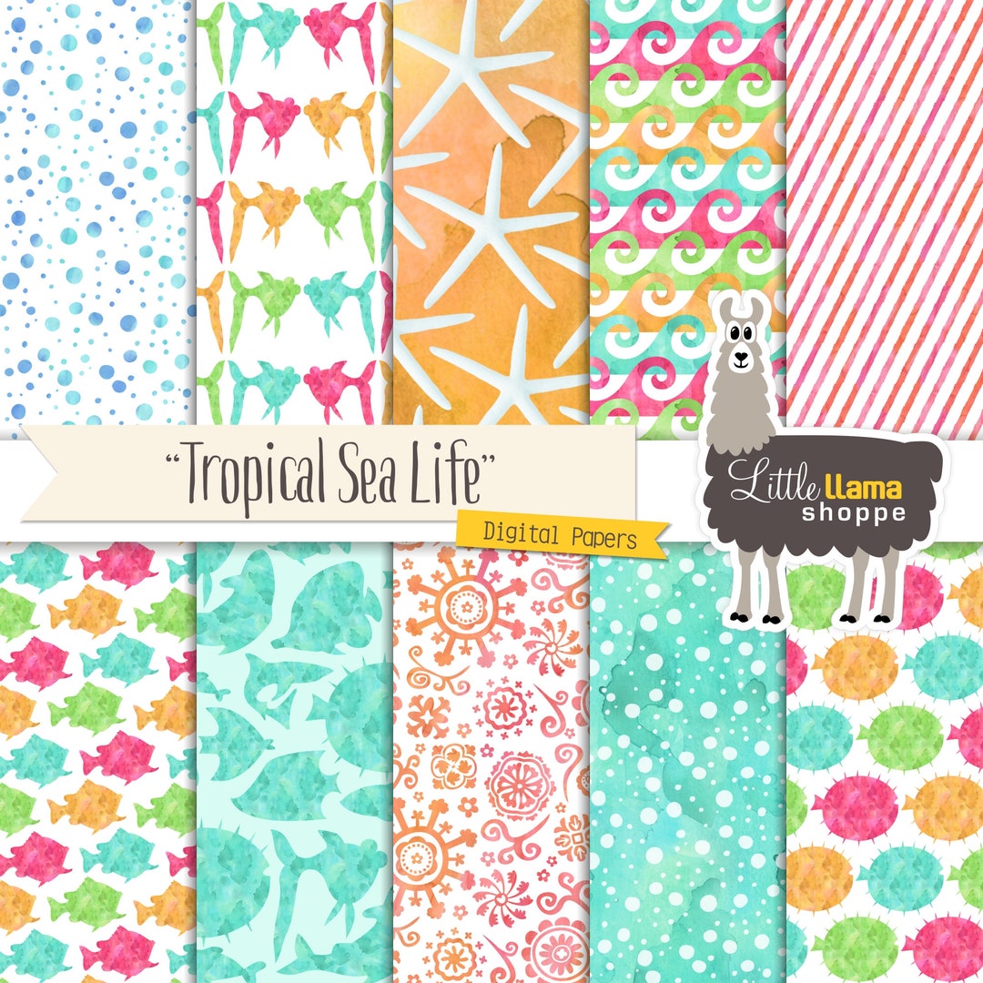 Watercolor Tropical Fish Digital Paper: Sea Life Backgrounds (digital ...