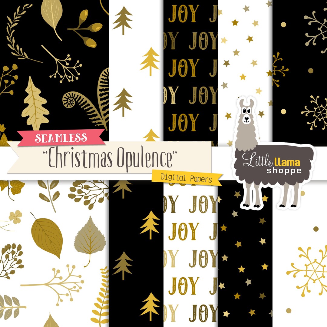 Christmas Digital Paper, Black and Gold, Leaf Patterns, Stars ...