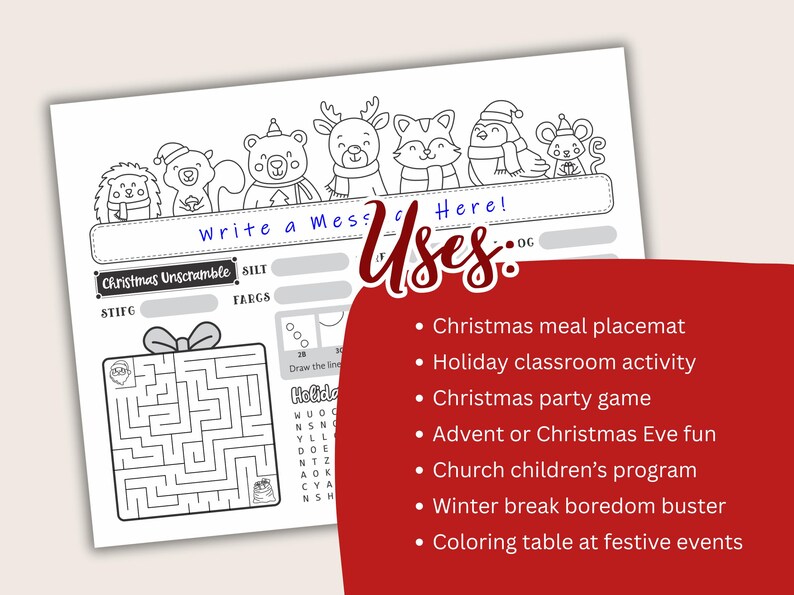 Christmas Activity Placemats for Kids | Word Scramble, Maze, Word ...
