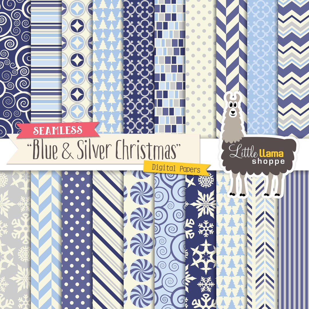 Silver and Blue Christmas Digital Paper, Seamless Holiday Digital ...