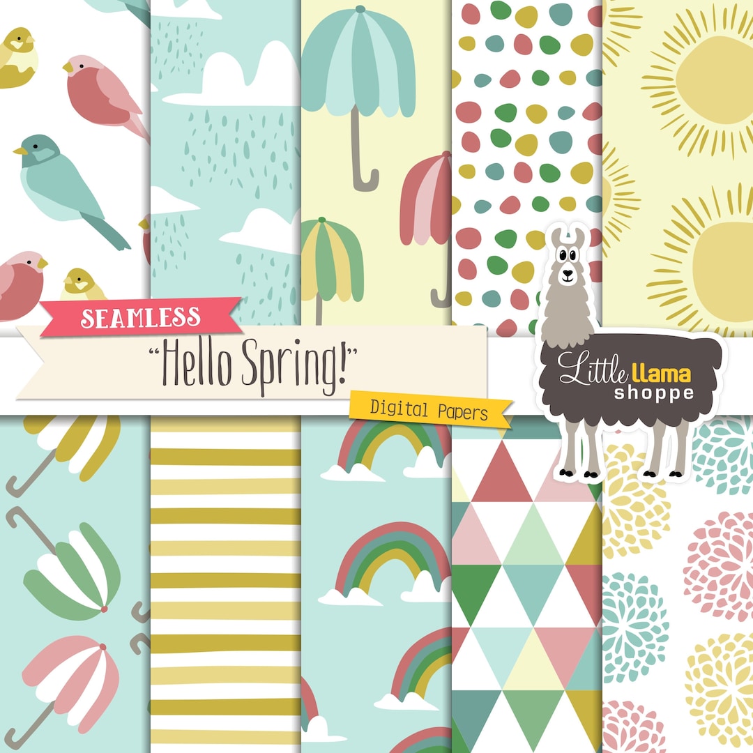Spring Digital Paper, Sunshine, Birds, Umbrellas, Rain Clouds Seamless ...