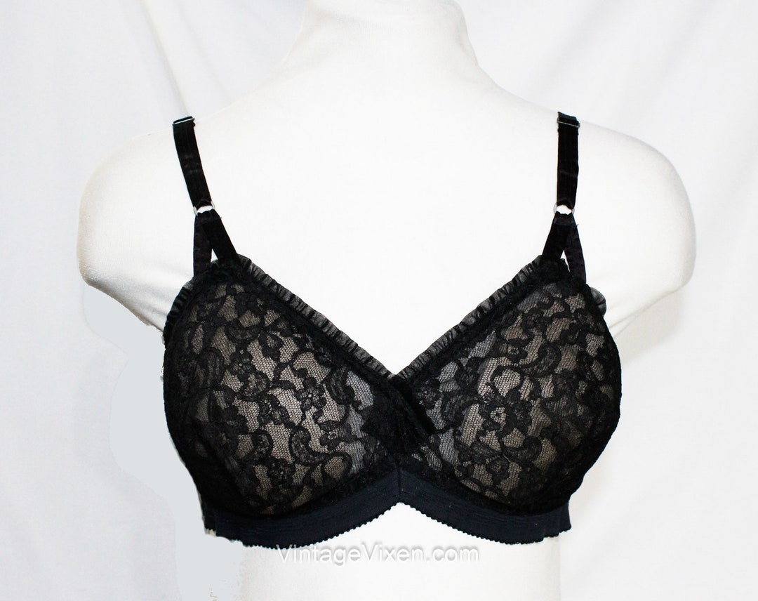 38B Black Bra 1950s Sheer Lace With Sexy Pointy Cups & Ruffle Pretty ...