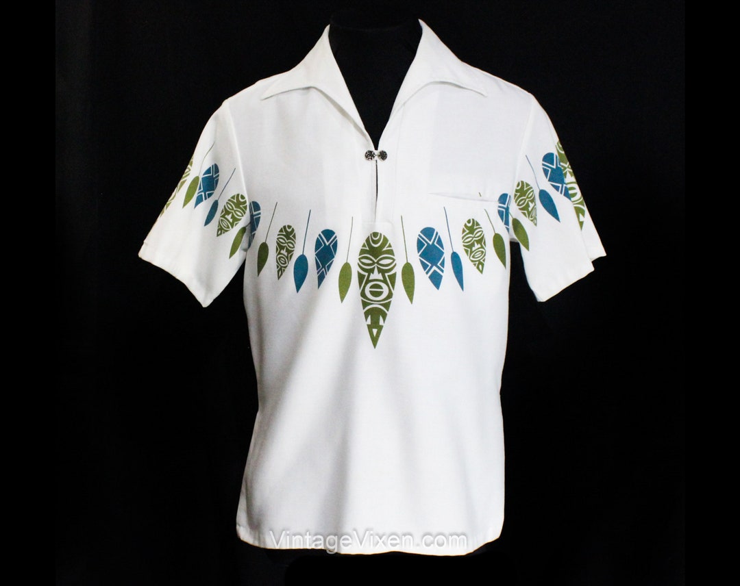 Men's Small Aloha Shirt - 1960s Hawaiian Tiki Warrior Novelty Print ...
