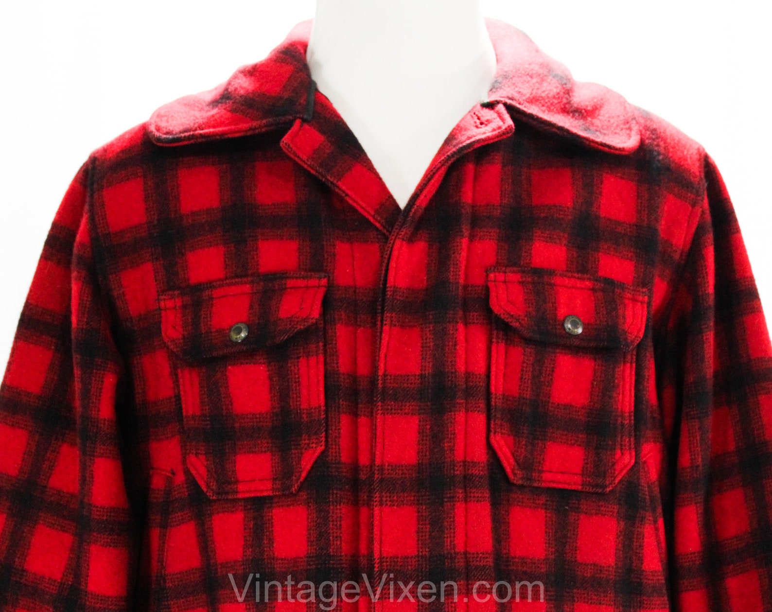 Men's Large Red Buffalo Plaid Jacket - 1950s Long Sleeve Lumberjack ...