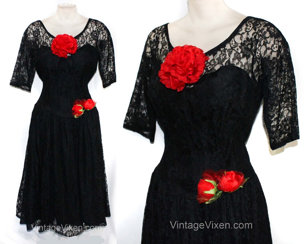 Small 1950s Dress - Femme 50s Lucy Style Black Floral Lace Full Skirted ...