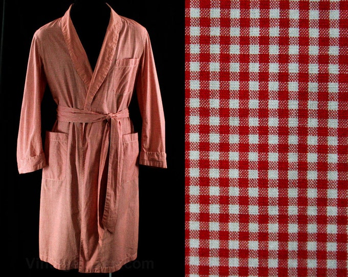Men's 1950s Red Gingham Robe - Small to Medium - Fine Checked Cotton ...
