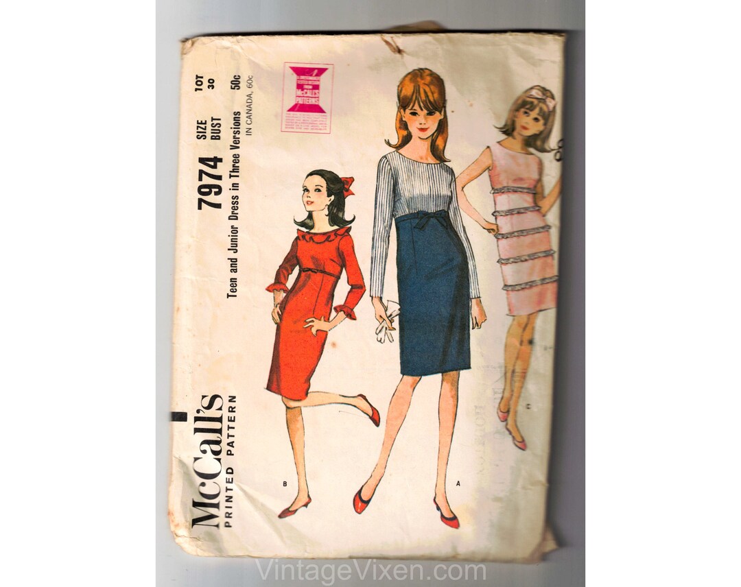 1965 Dress Sewing Pattern - 60s Teen Junior Cocktail Dress - Three ...