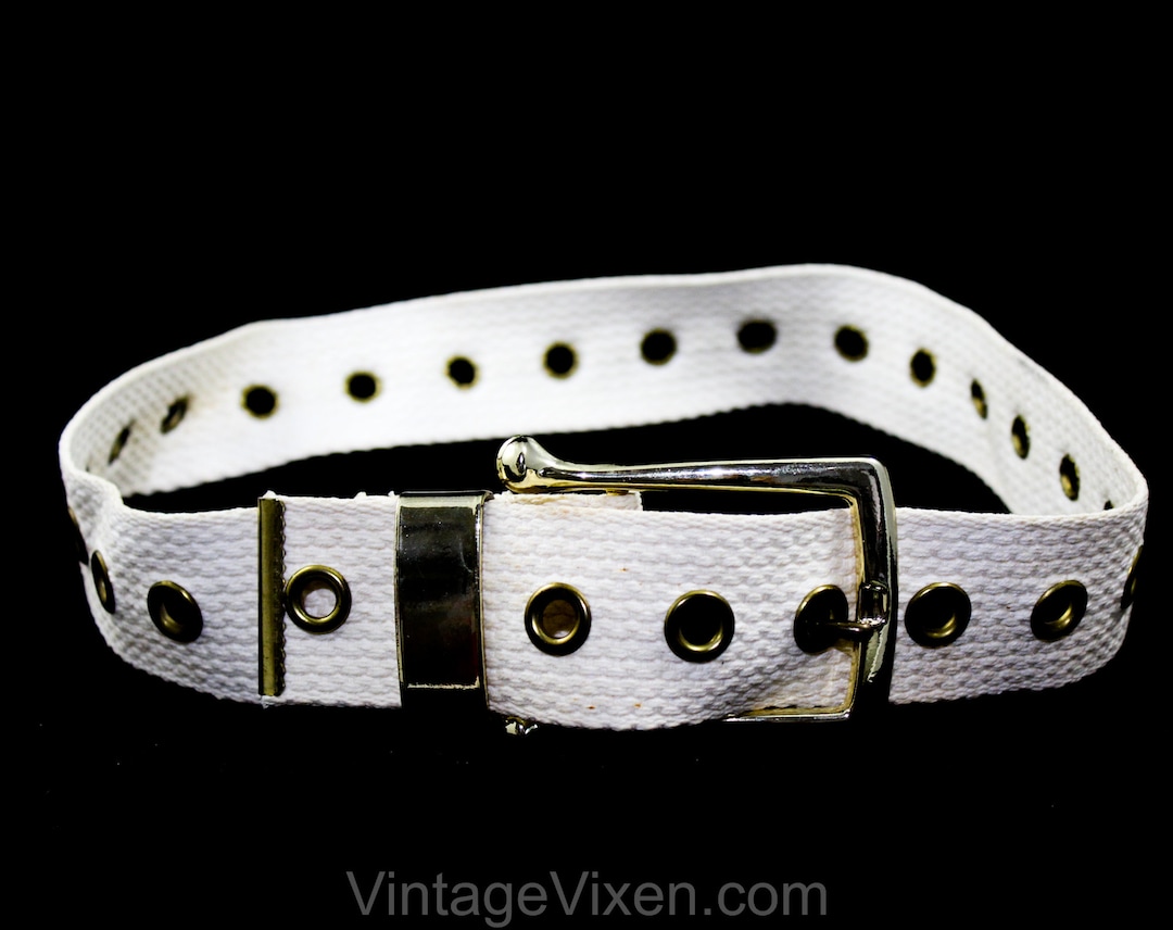 60s Mod White Cotton Belt With Bold Brassy Buckle - Size Medium 8 to 12 ...